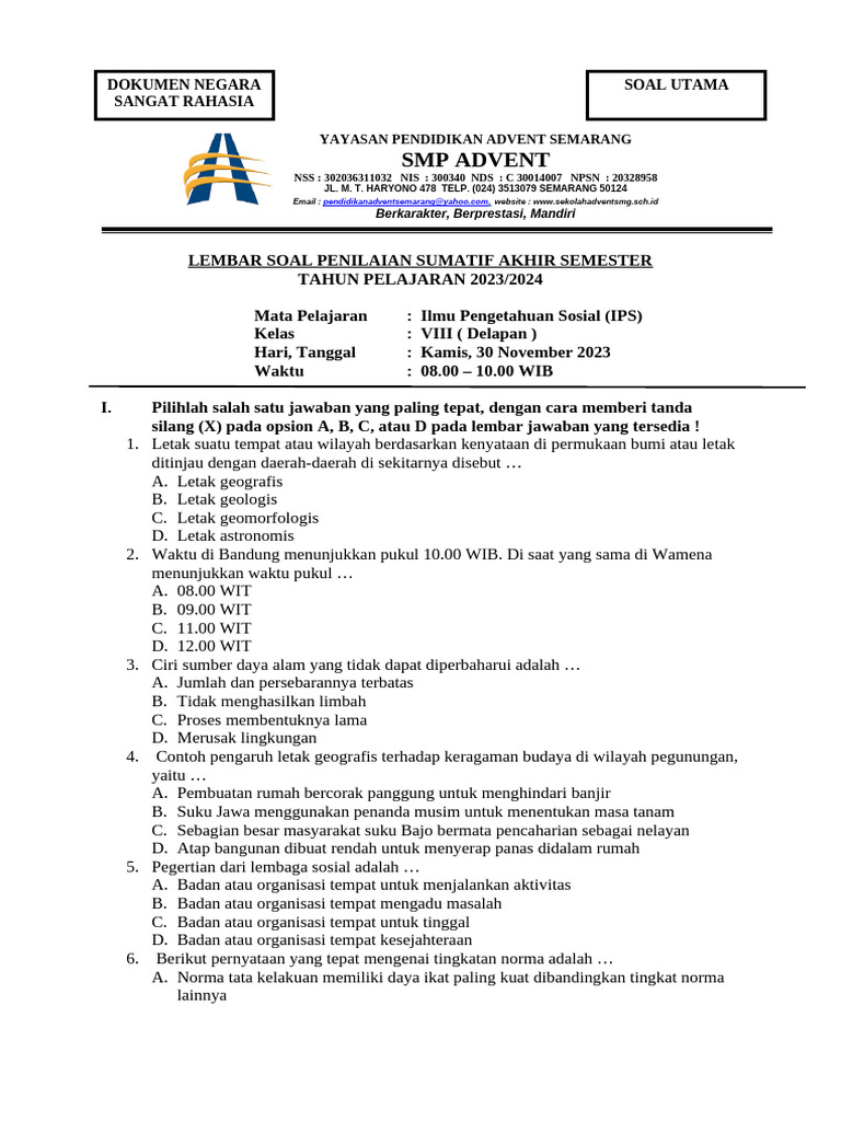 Soal Sas SMP Kelas Viii Ips | PDF