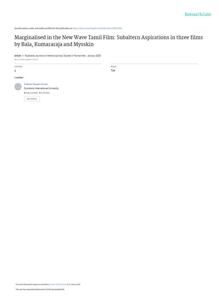 Subaltern Aspirationsin New Wave Tamil Films Rupkatha Journal Sreeram RG | PDF | Film Noir