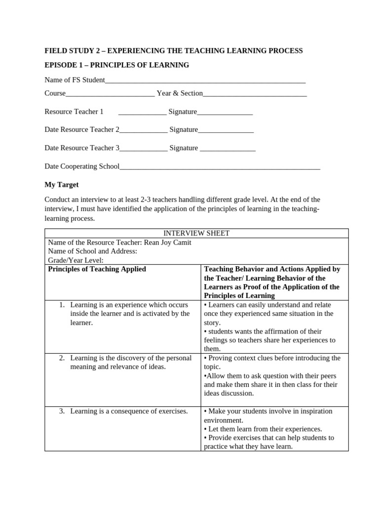 Field-Study-2-interview-sheet Camet | PDF | Learning | Behavioural Sciences