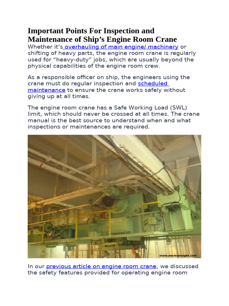 Engine Room Overhead Crane | PDF | Bearing (Mechanical) | Crane (Machine)