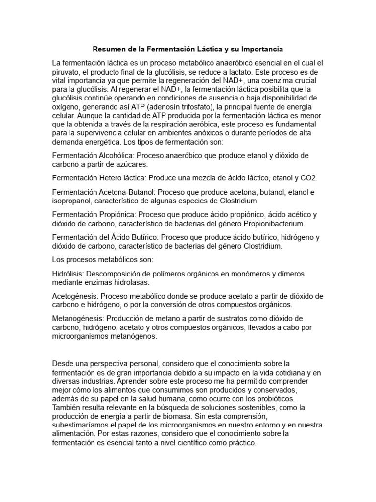 Resumen de la Fermentación Láctica y su Importancia | PDF ...