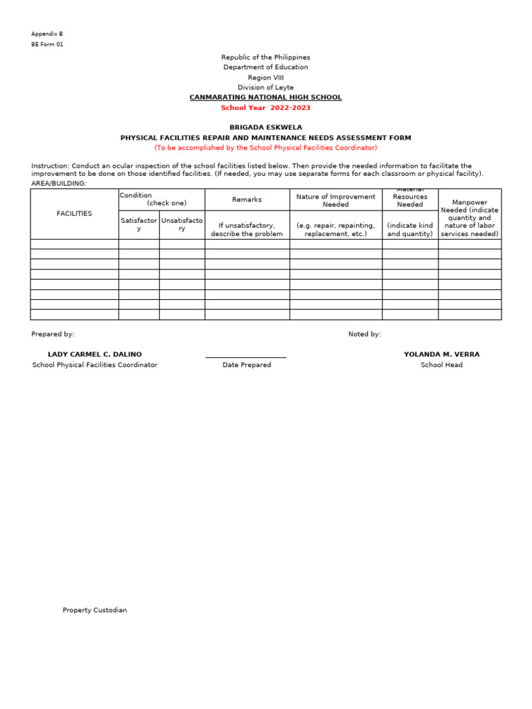Brigada Eskwela Needs Assessment Forms | PDF