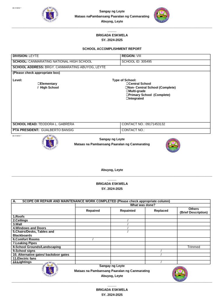 Brigada Eskwela Form 7 School Accomplishment Report | PDF