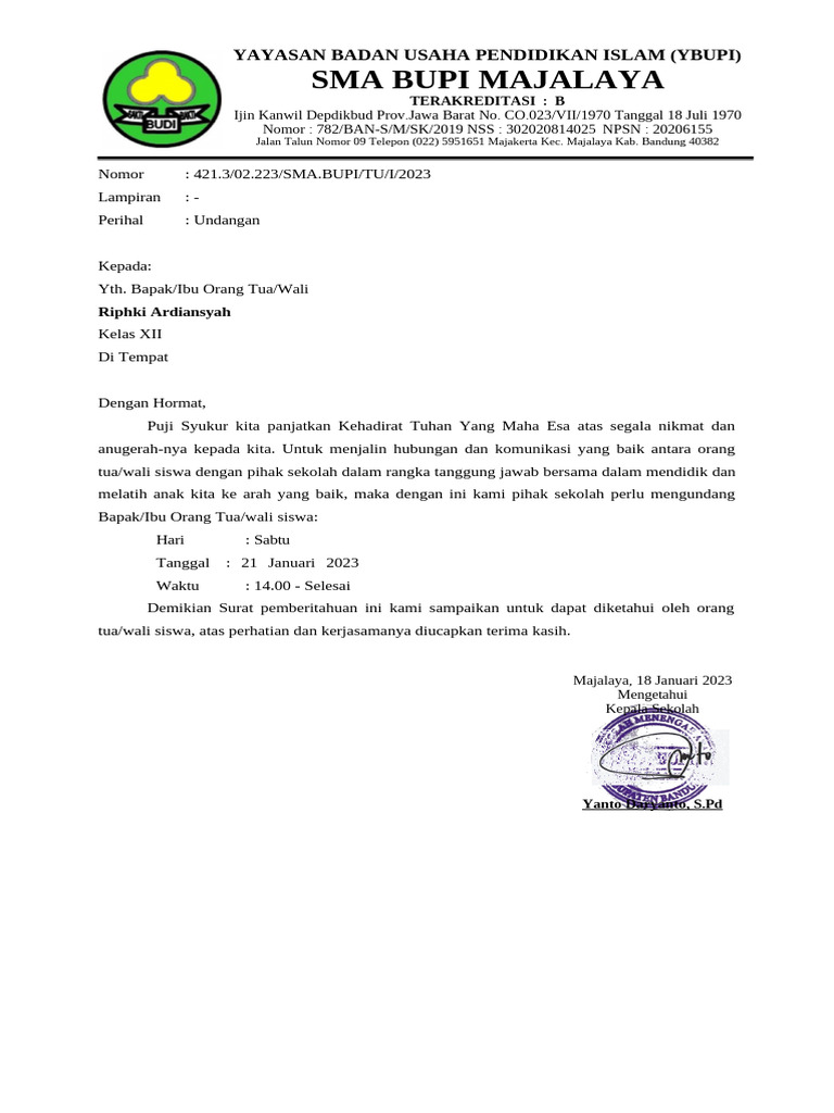 Surat Pemanggilan Orang Tua 1 | PDF