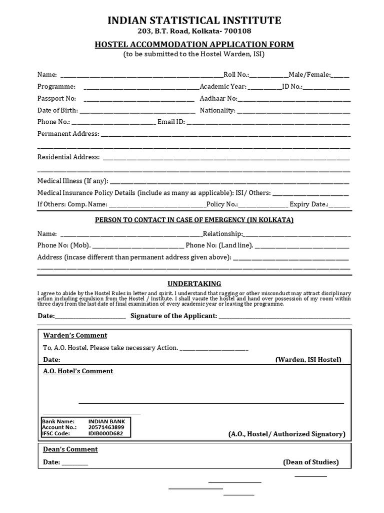 ISI Hostel Accommodation Application Form | PDF