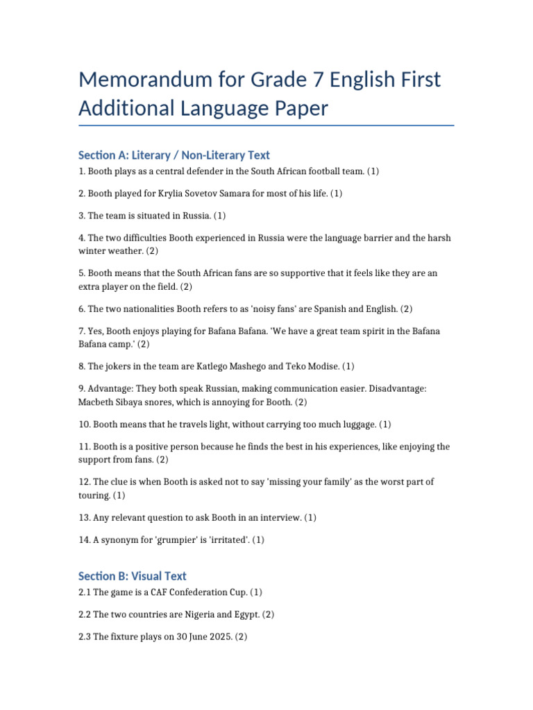 Grade 7 English Exam Memorandum | PDF