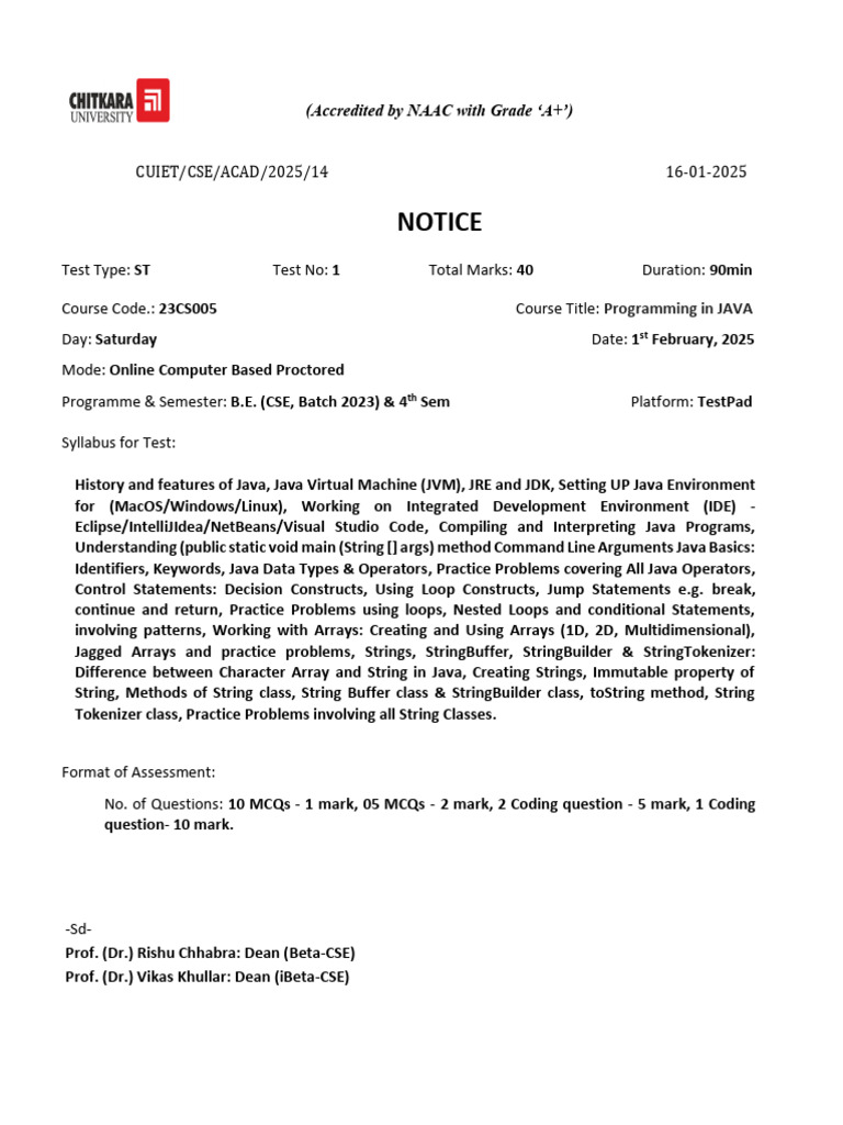 Circular 20250116111019 Announcement of (st1) Programming in Java | PDF