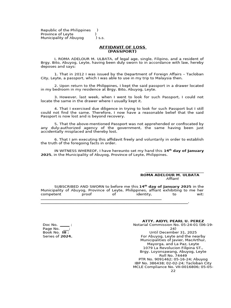 Affidavit of Loss - Ulbata | PDF | Affidavit | Legal Procedure