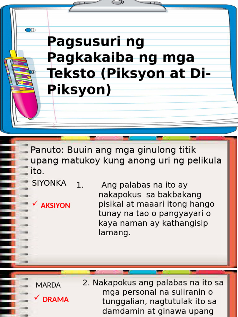 Pagsusuri NG Pagkakaiba NG Mga Teksto (Piksyon at Di-Piksyon) | PDF