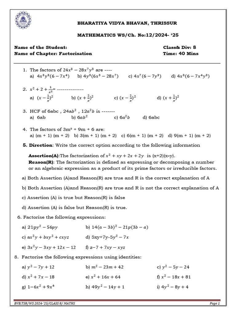 Class 8 Factorisation Worksheet | PDF | Factorization | Algebra