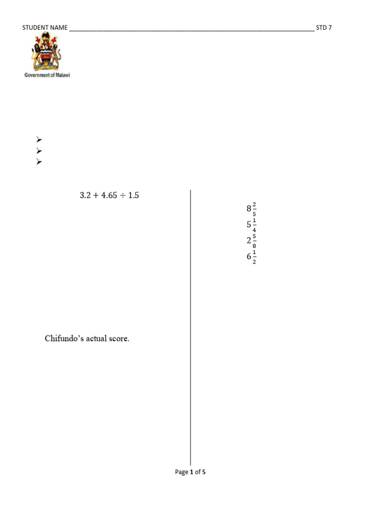 Standard 7 Mathematics Exam Paper | PDF