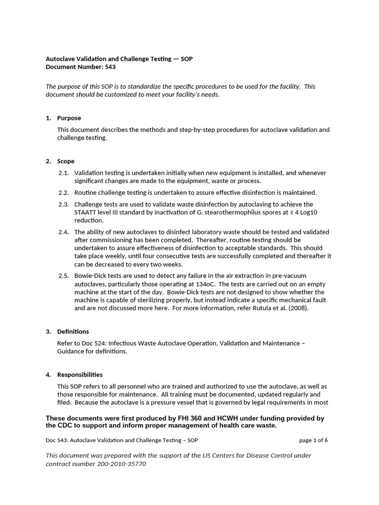 543-Autoclave Validation and Challenge Testing - SOP - Final | PDF ...
