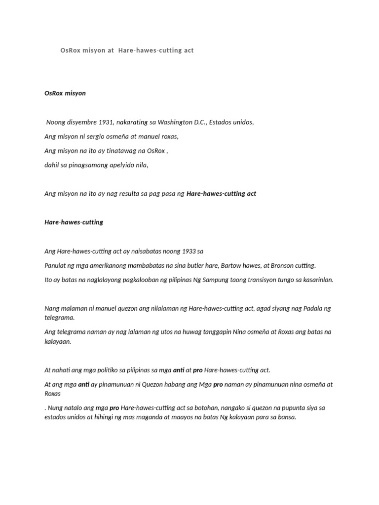 osrox misyon at hare hawes cutting act | PDF