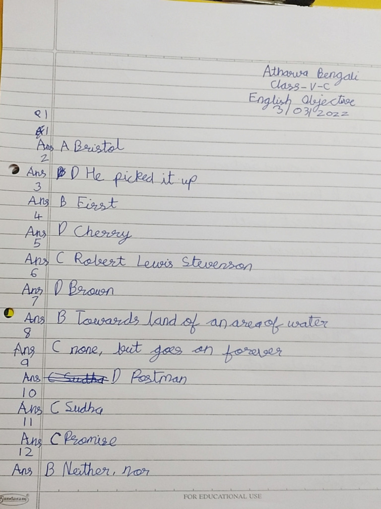 Atharva -Bengali_Class-V-C_English Objective and subjective _MLV4_2022 | PDF