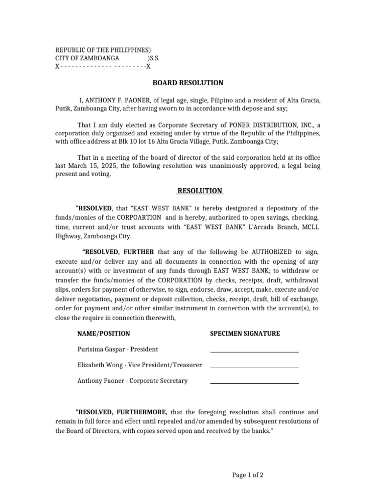 Board Resolution No. 01 - Authorized Signatory East West Bank | PDF | Banks