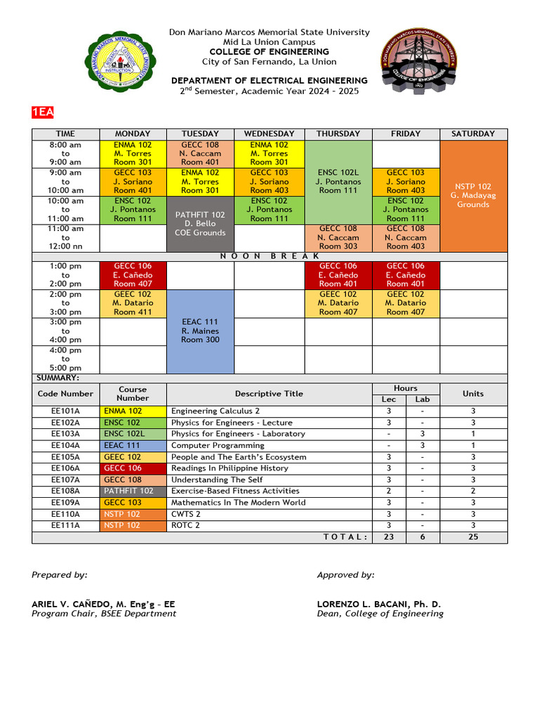 BSEE Final Schedule 2nd Sem AY 2024 2025 | PDF | Engineering | Science