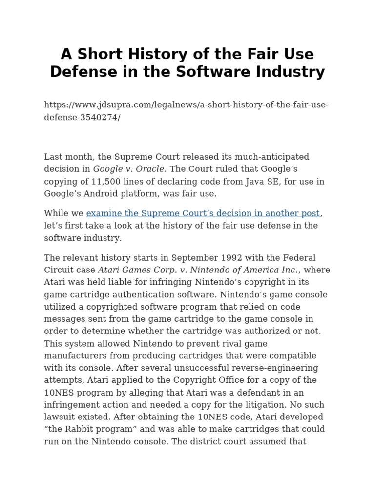 A Short History of The Fair Use Defense in The Software Industry | PDF ...