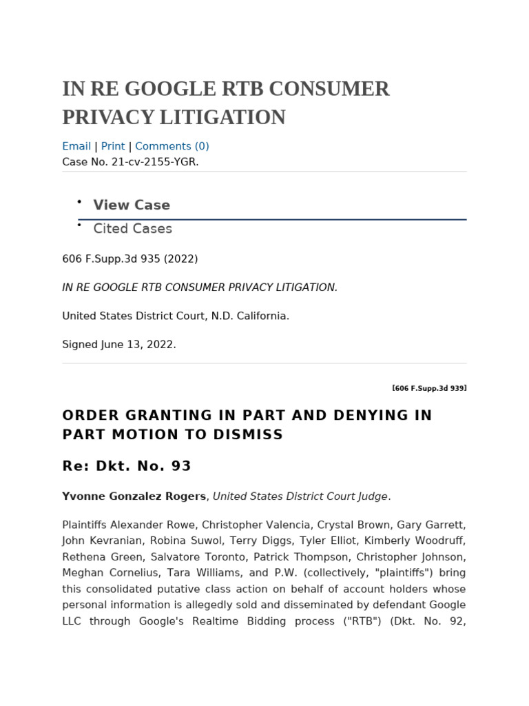 IAMCase - GOOGLE - IN RE GOOGLE RTB CONSUMER PRIVACY LITIGATION | PDF ...