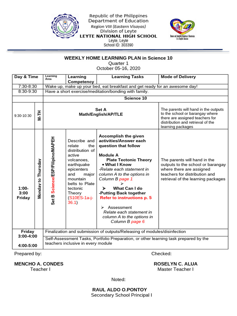 Weekly Home Learning Plan in Science 10) - MENCH | PDF | Structure Of The Earth | Tectonics