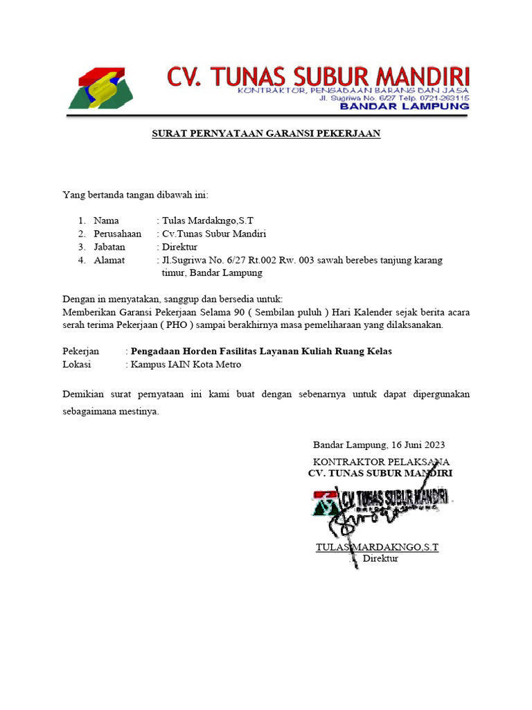 Surat Pernyataan Garansi | PDF