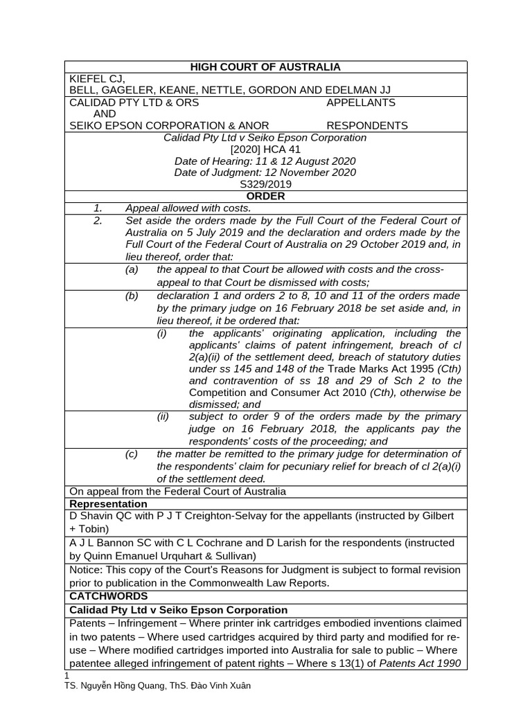 CL001 en IAM CaseLaw CalidadVsSeikoEpson Hcourt - Gov.au | PDF | Patent ...