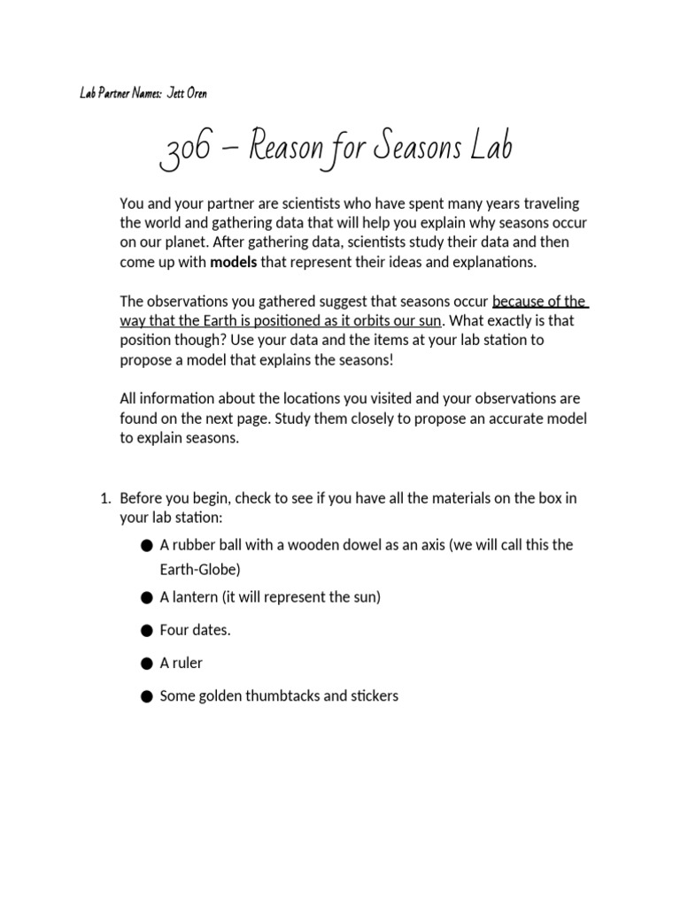 Reason for Seasons Lab Guide | PDF | Equator | Earth