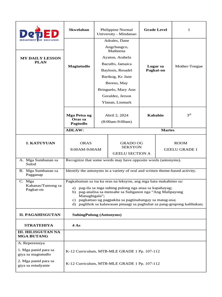Lesson Plan Group 1 Suhing Pulong FINAL | PDF