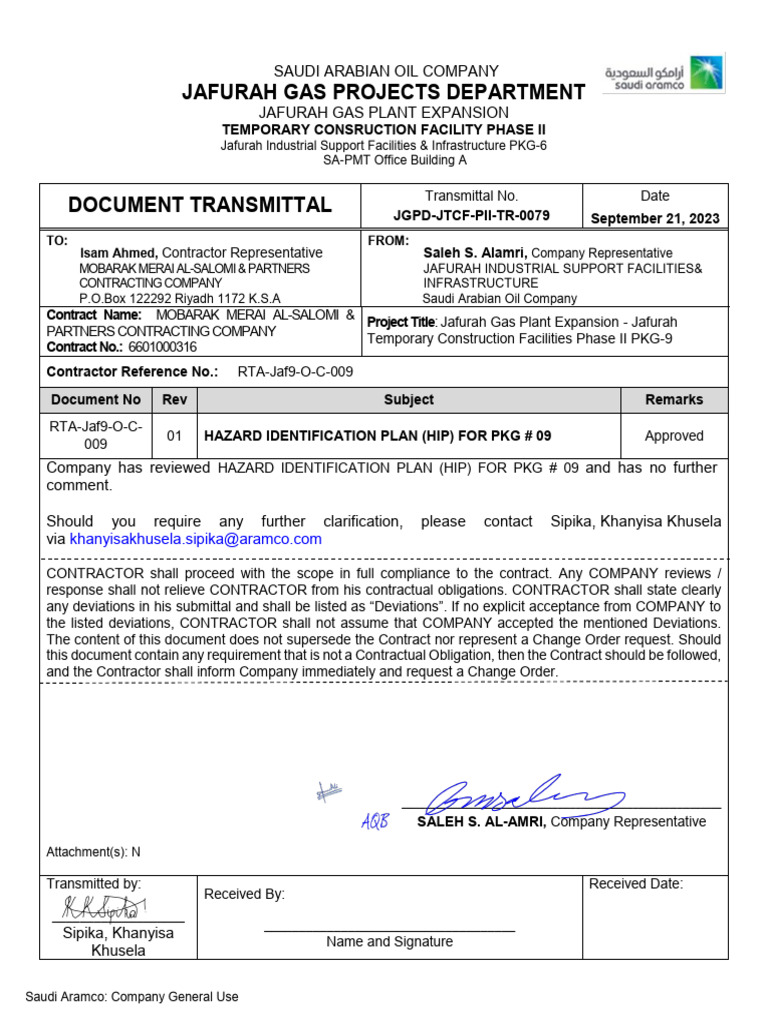 Rta-Jaf9-O-c-009 - Hazard Identification Plan (Hip) For PKG # 09 - Rev ...