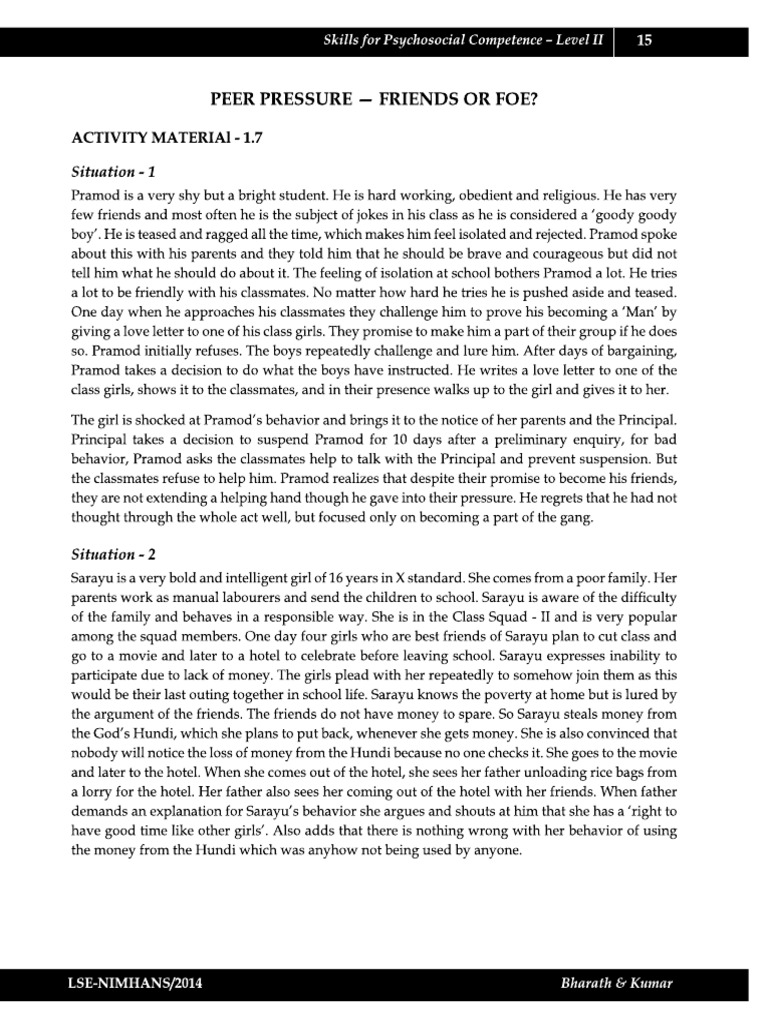 Peer Pressure - Friends or Foe (Activity 1.7) | PDF