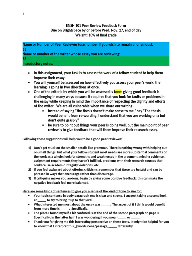ENSH 101 Peer Review Feedback Form | PDF | Essays | Peer Review