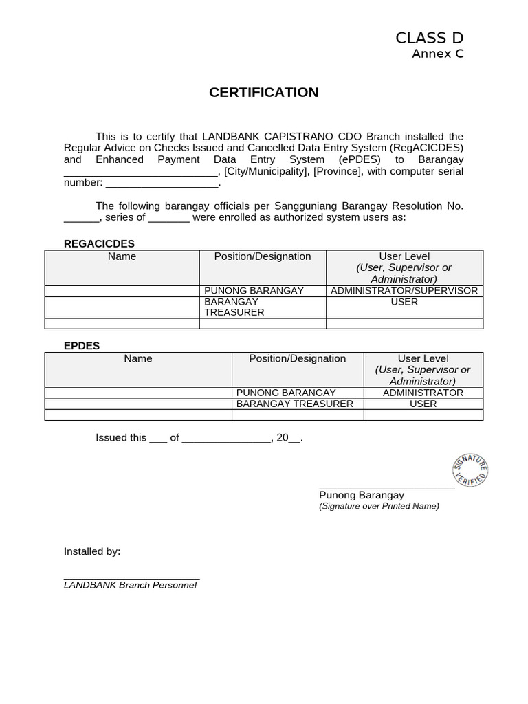 Annex C-Certification-RegACICDES and EPDES Installation | PDF