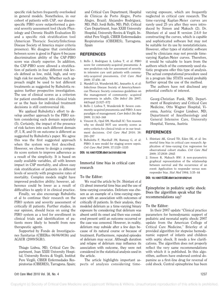 Letter To The Editor Immortal Time Bias in Critical Care Research (2010 ...