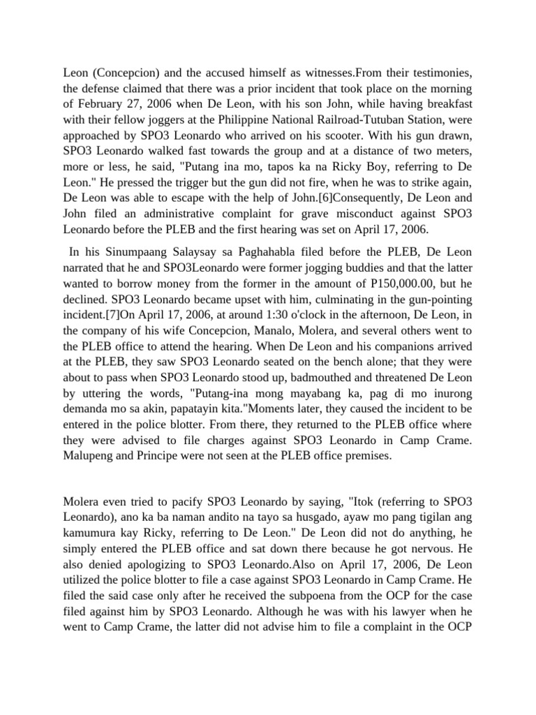 Testimony in De Leon vs. SPO3 Leonardo Case | PDF