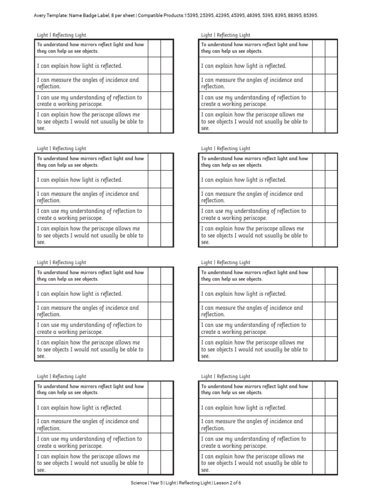 Success Criteria Grids Reflecting Light | PDF | Reflection (Physics ...