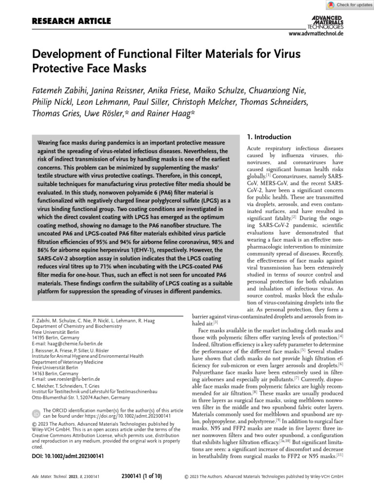 Development of Functional Filter Materials for Virus Protective Face Masks | PDF | Antiviral ...