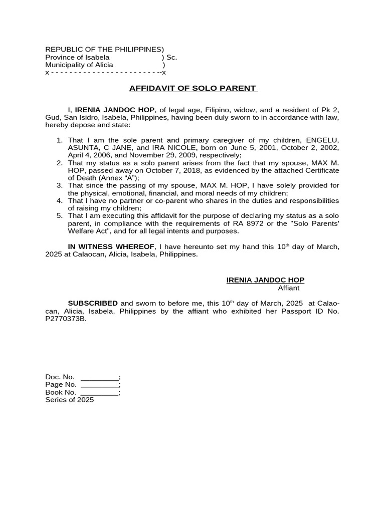 AFFIDAVIT OF Solo Parent | PDF