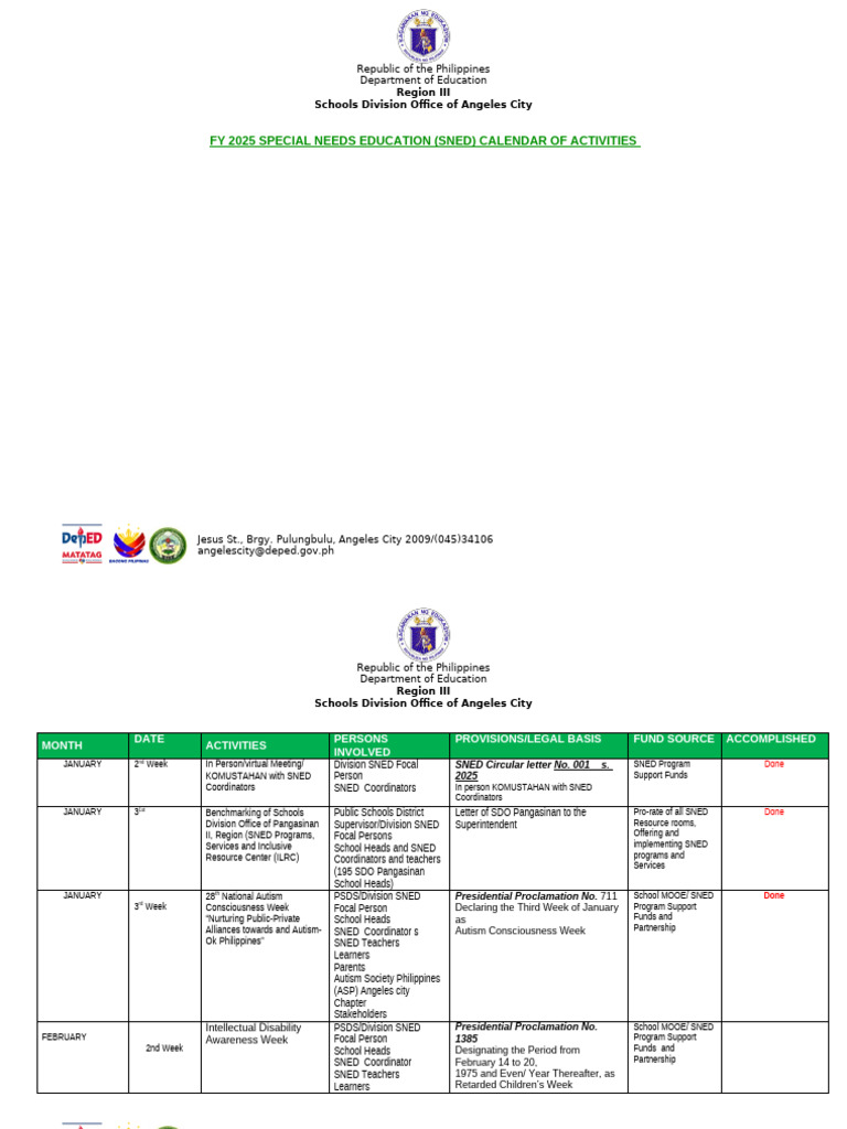 0.1. 2025 - SNED - Calendar of Activities | PDF | Disability