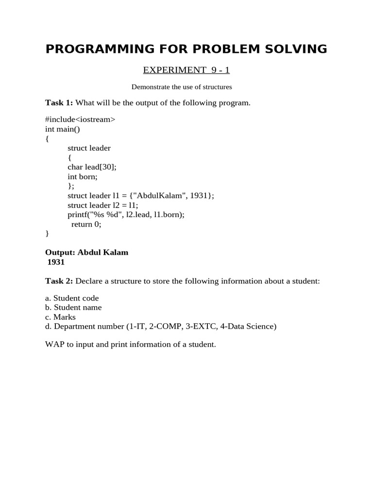 Programming For Problem Solving: Experiment 9 - 1 | PDF