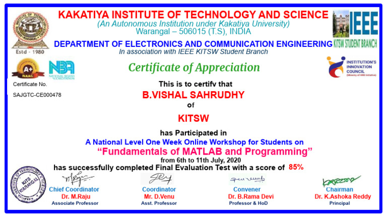 Matlab Certificate For B.vishAL SAHRUDHY | PDF
