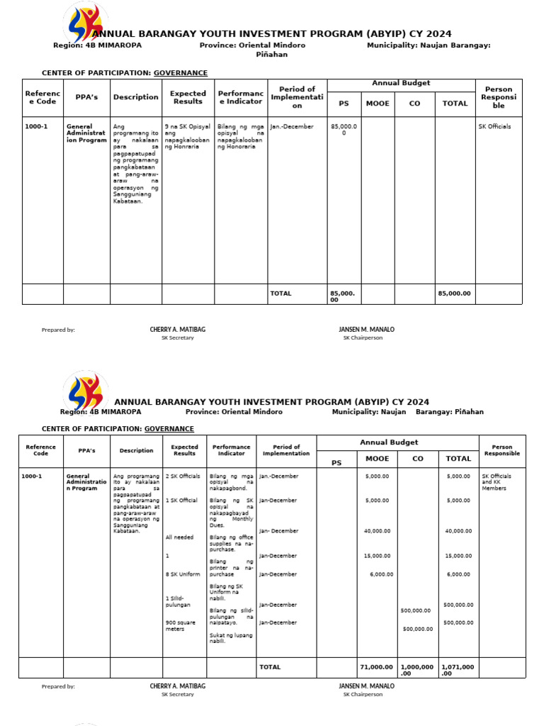 Annual Barangay Youth Investment Program | PDF
