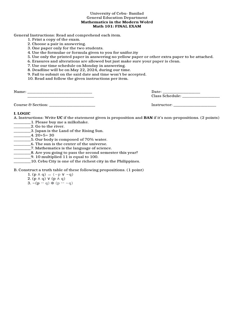 Final Exam - Math 101 Bsba | PDF | Logic | Mathematics