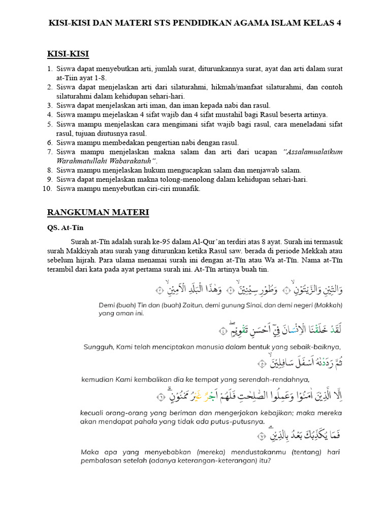 KISI-KISI & RINGKASAN MATERI STS PAI KELAS 4 | PDF