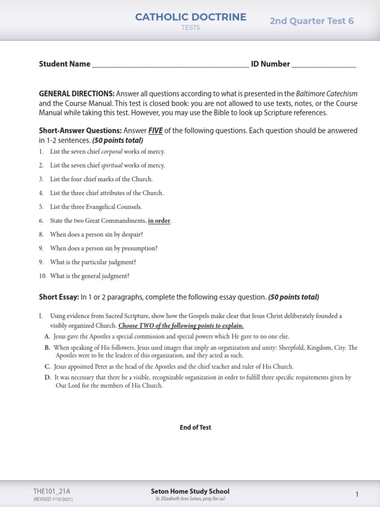 Catholic Doctrine Test 6 Second Quarter | PDF | Last Judgment | Jesus