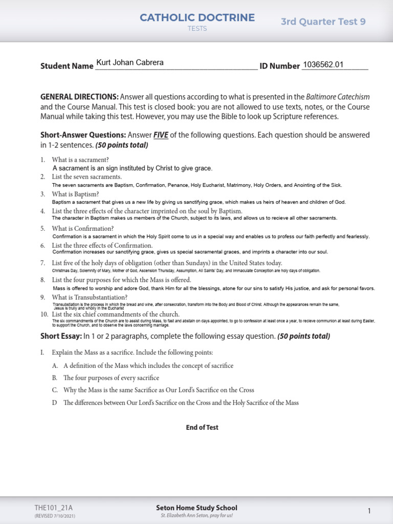 Catholic Doctrine Test 9 Third Quarter | PDF | Eucharist | Sacraments