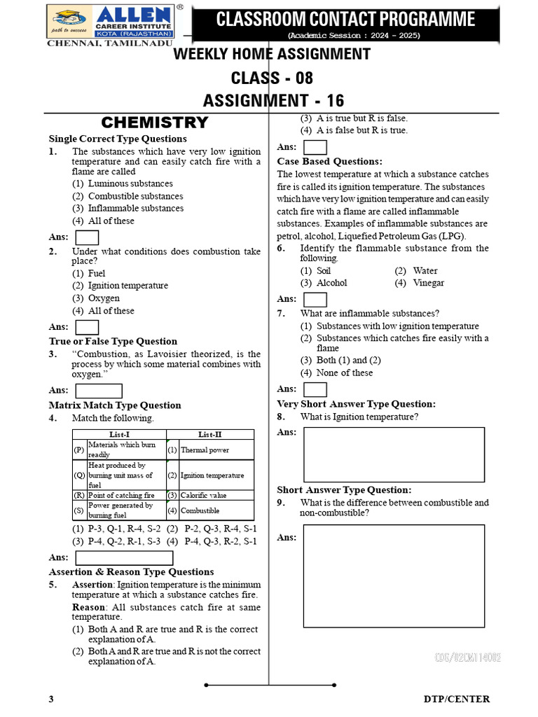 Week-16_Class-08_Home Assign_24-25_Che | PDF | Combustion | Fires
