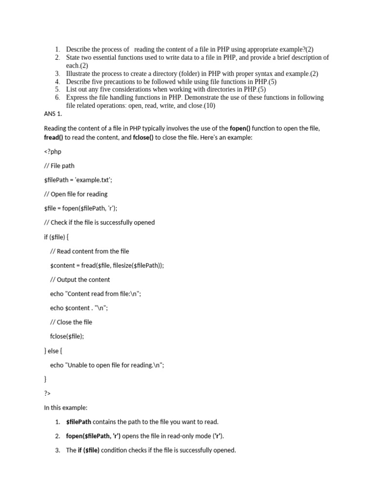 Describe The Process of Reading The Content of A File in PHP Using Appropriate Example | PDF ...