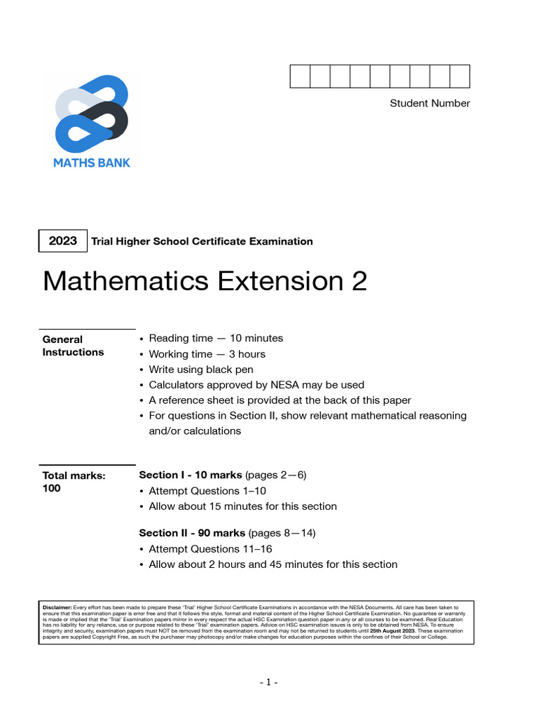 2023 Maths Bank HSC Mathematics Extension 2 Trial Examination | PDF ...