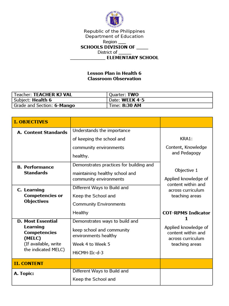 Health 6 Lesson Plan: Building Healthy Environments | PDF | Curriculum ...