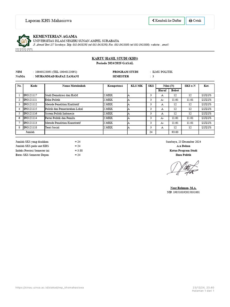 Laporan KHS Mahasiswa | PDF