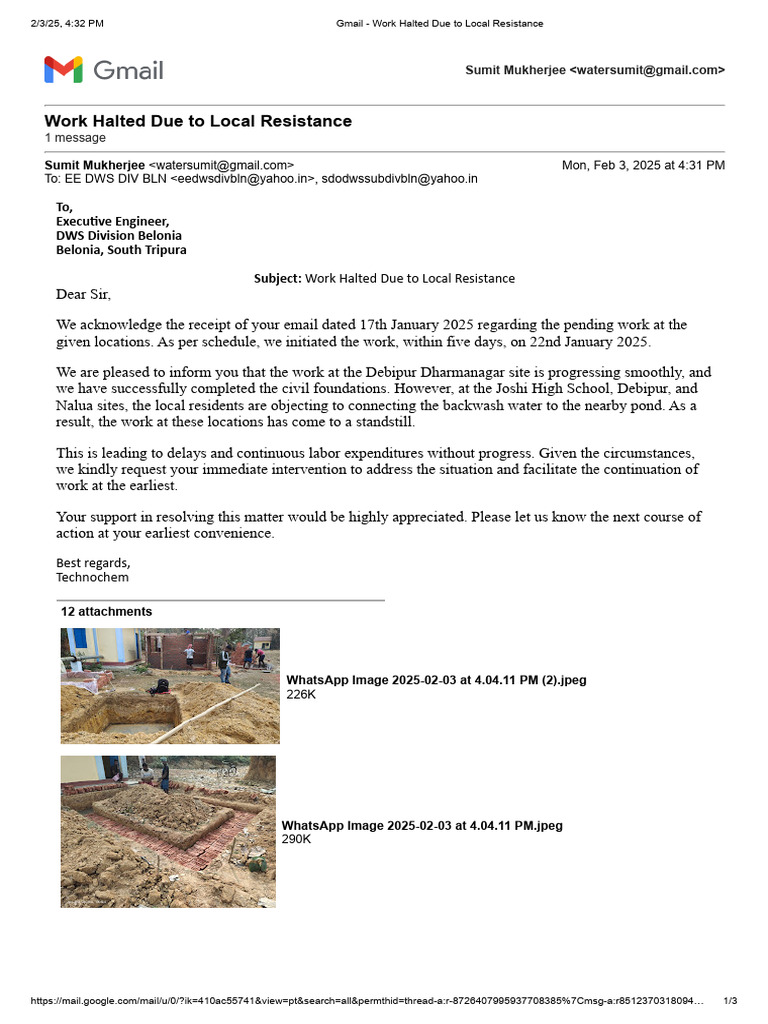 Gmail - Work Halted Due To Local Resistance | PDF